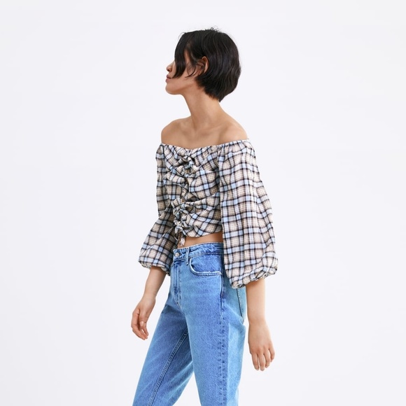 Zara | Tops | Nwt Zara Off Shoulder Plaid Ruched Top | Poshmark